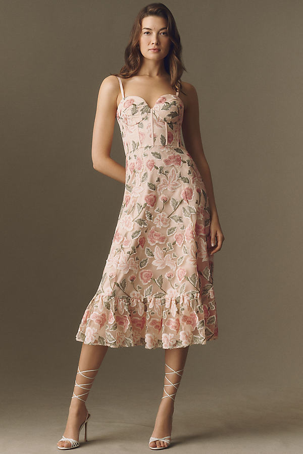 DRESS THE POPULATION Embroidered Corset Midi Dress